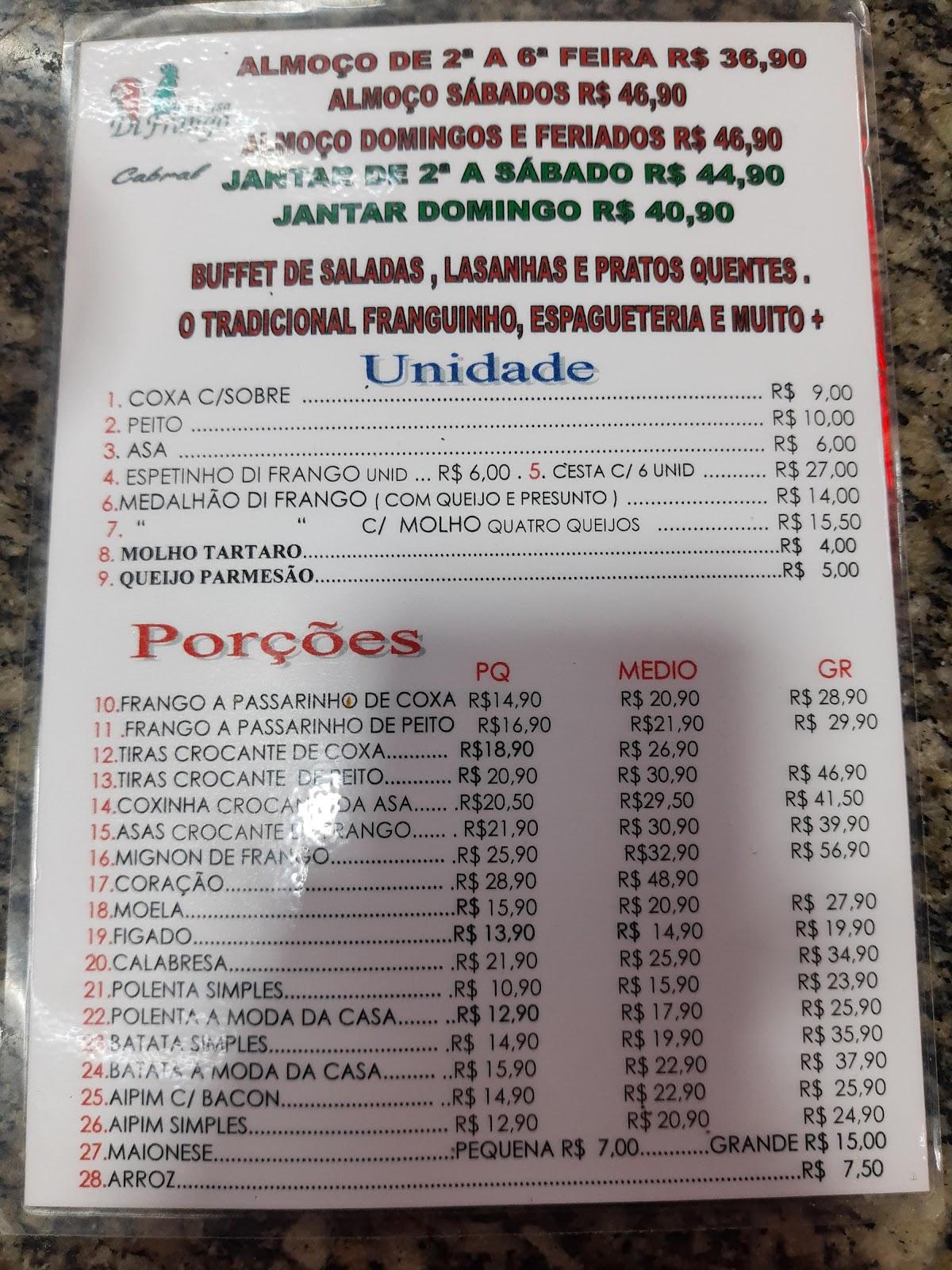 Carta del restaurante La Casa Di Frango, Curitiba, Av. Munhoz da Rocha