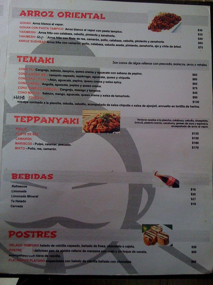 Menu at MAKA Sushi restaurant, Reynosa
