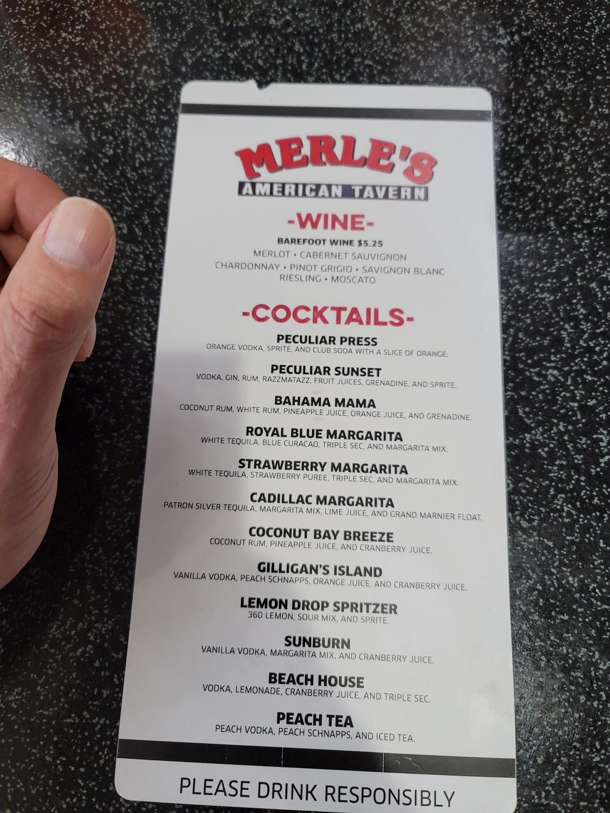 Menu at Merle's American Tavern pub & bar, Peculiar