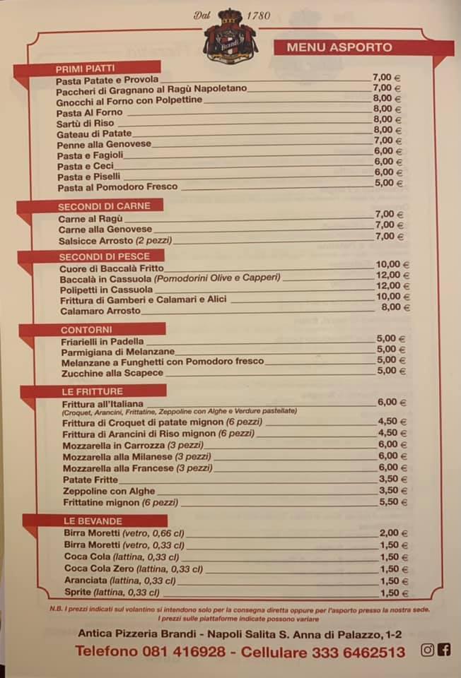 Menu at Pizzeria Brandi, Naples, Salita S. Anna di Palazzo