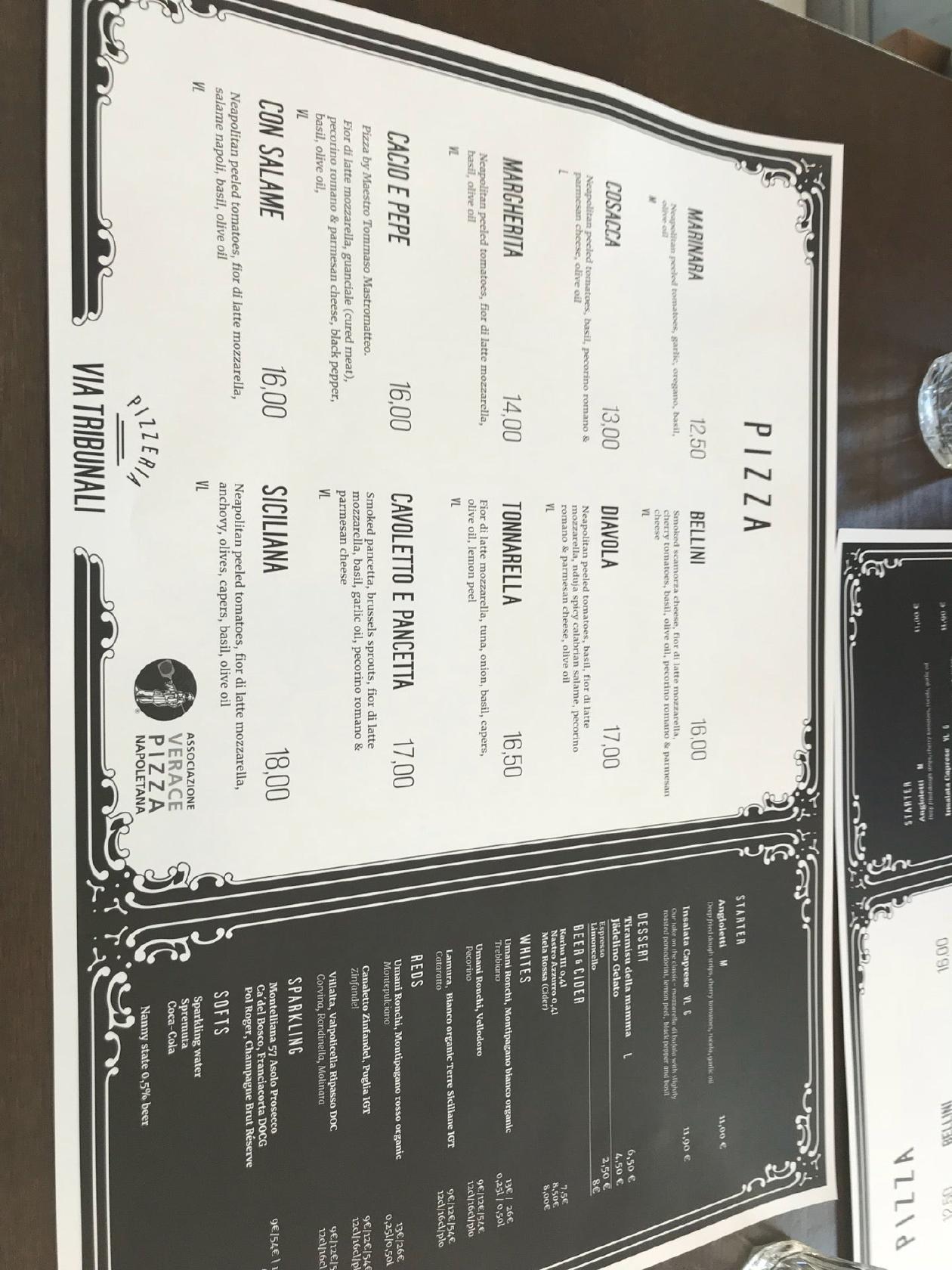 Menu at Pizzeria Via Tribunali, Helsinki, Sofiankatu 4