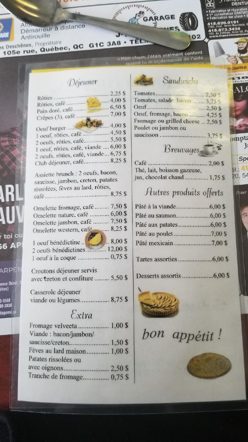 Carta del restaurante Resto Des Chenes, Quebec