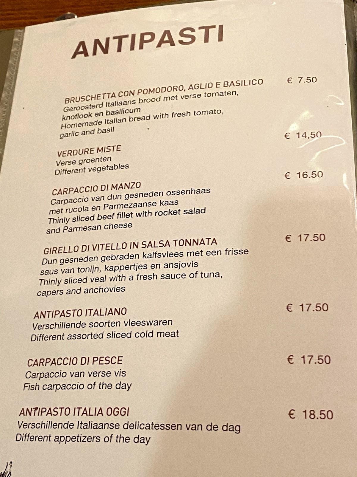 Menu at Ristorante Italia Oggi, Amsterdam, Binnen Bantammerstraat 11