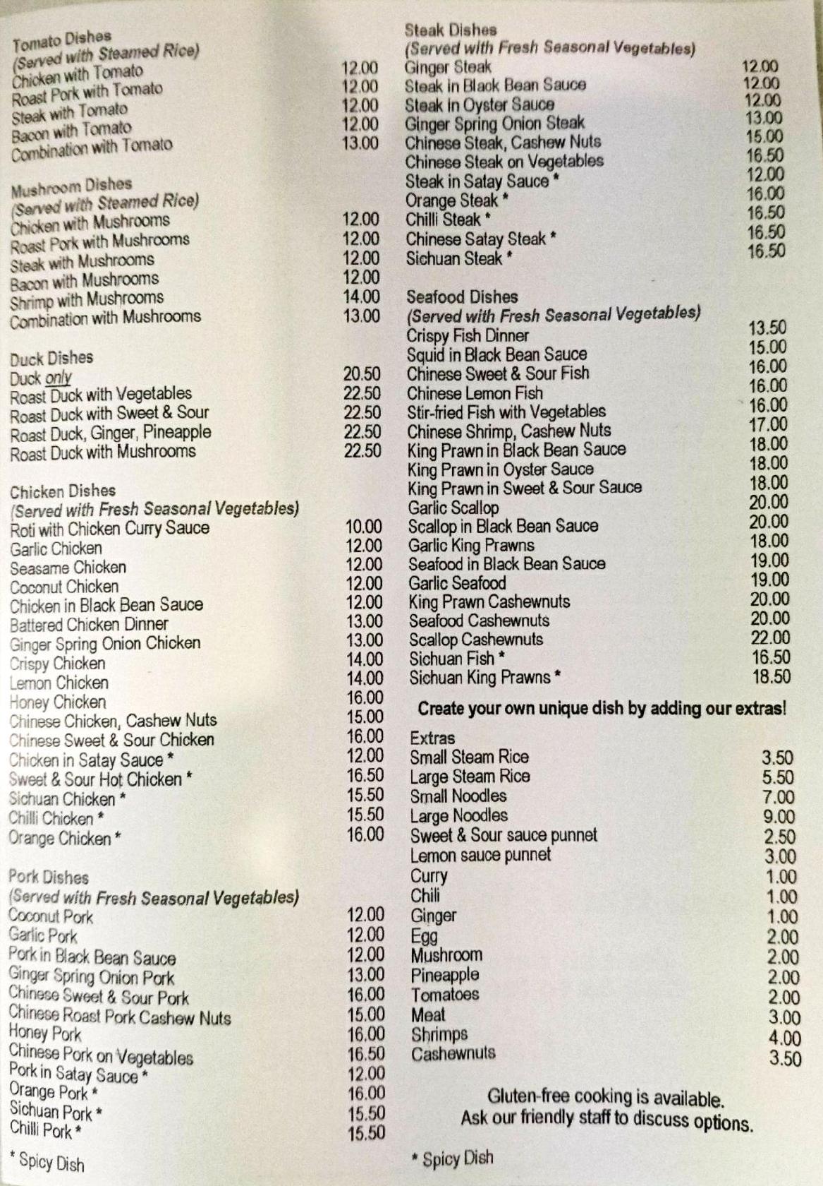 Menu at Wah Loong Restaurant, Wellington