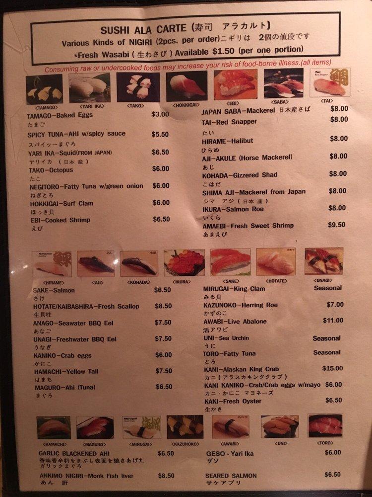 Menu at Yanagi Sushi restaurant, Honolulu