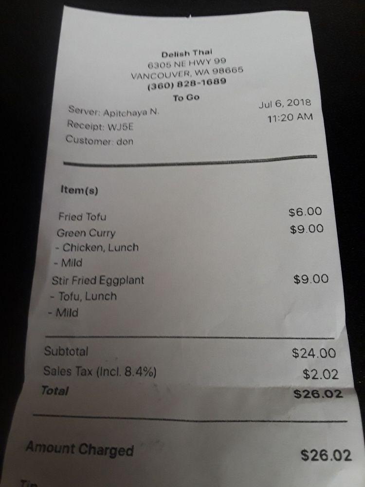 Menu at Delish Thai restaurant, Vancouver