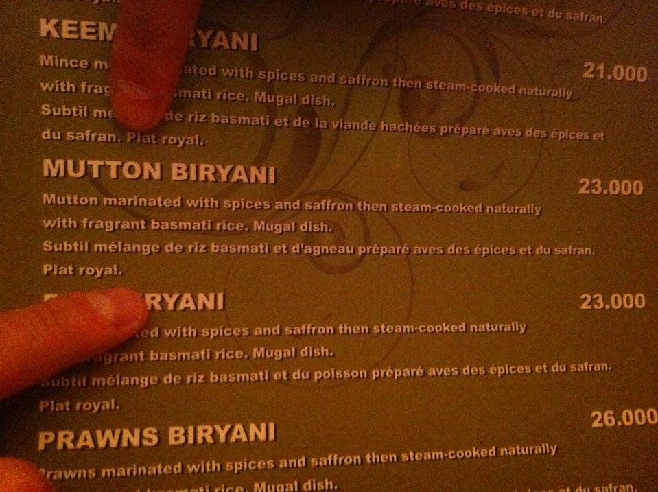 Menu au Dum Pukht restaurant, Tunis, VIA 1