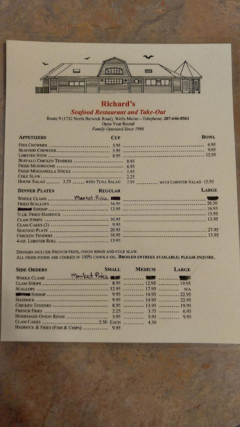 Menu at Richard's Seafood Restaurant, Wells, N Berwick Rd