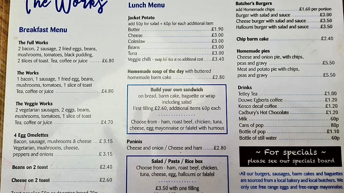 Menu at The Works Cafe, Manchester