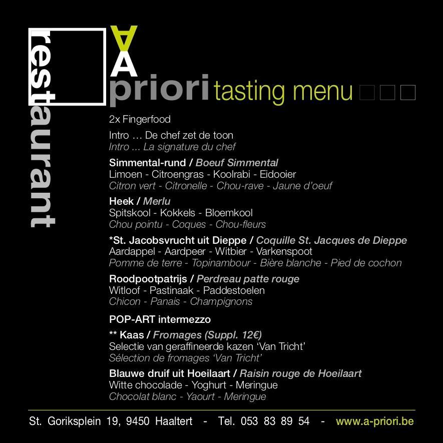 Menu at A Priori, Haaltert