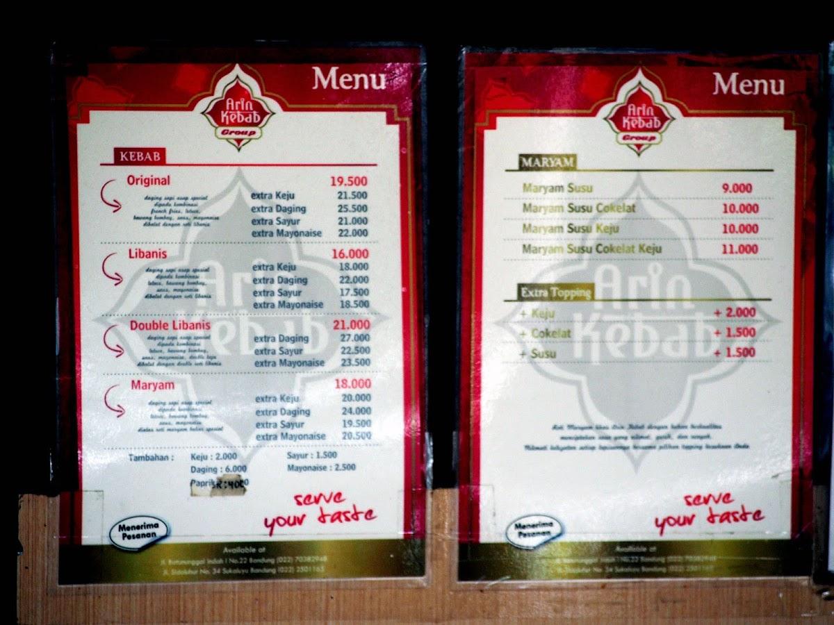 Menu at Arin Kebab restaurant, Bandung, Jl. Batununggal Indah I No.22