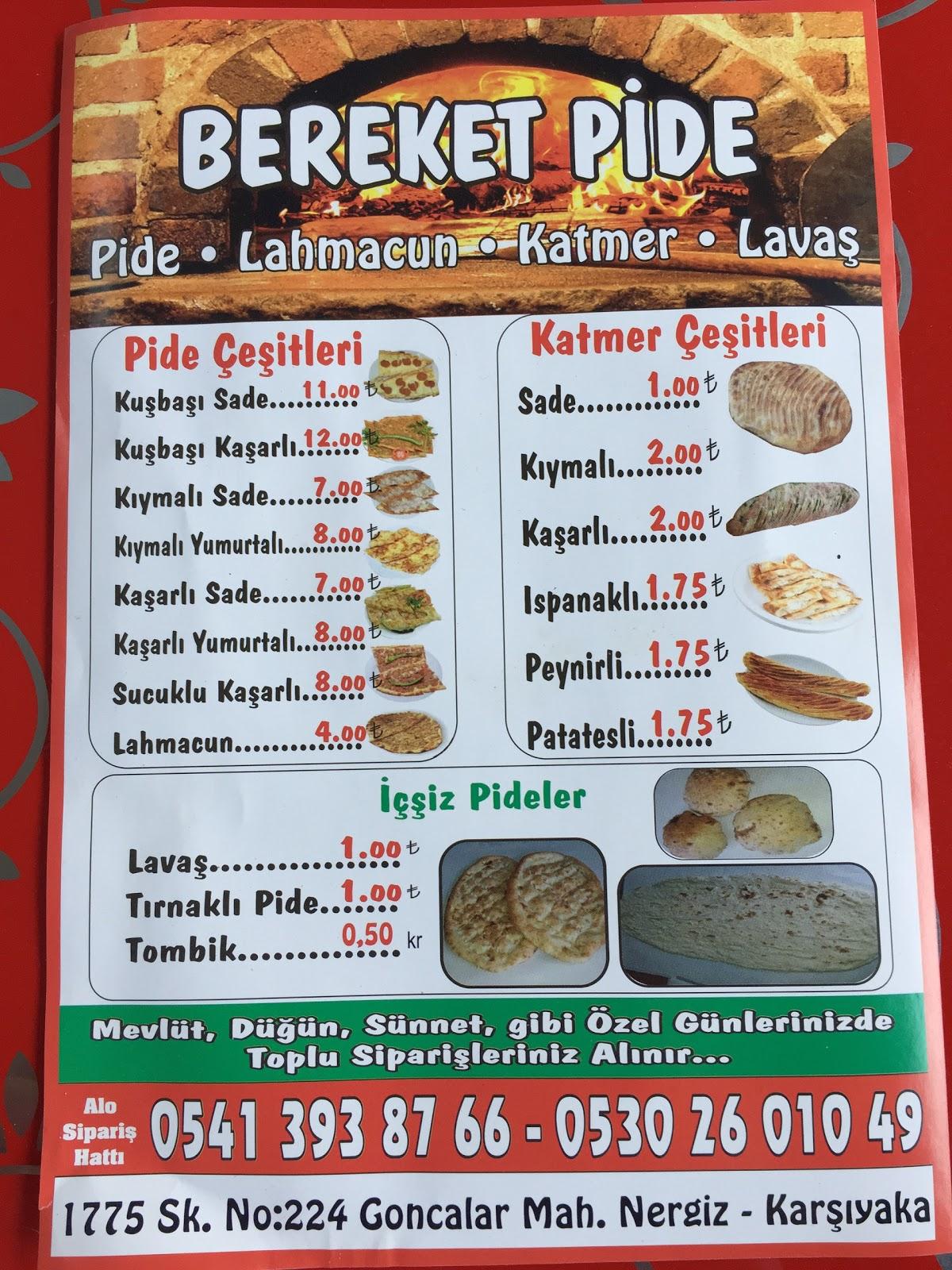 Menu at Bereket Pide & Lahmacun Lavaş Fırını, Izmir