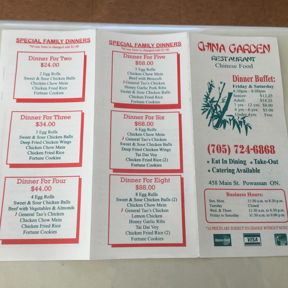 Menu at China Garden restaurant, Powassan, 458 Main St