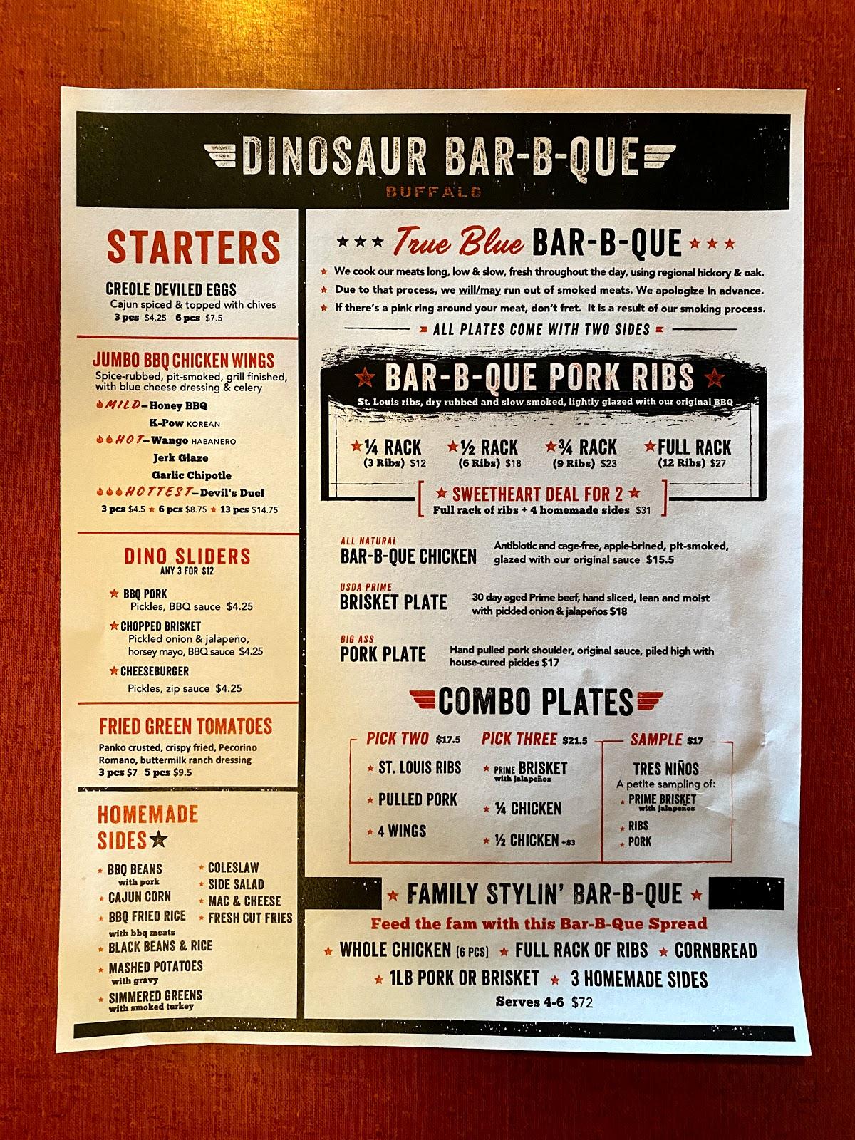 Menu at Dinosaur Bar-B-Que, Buffalo