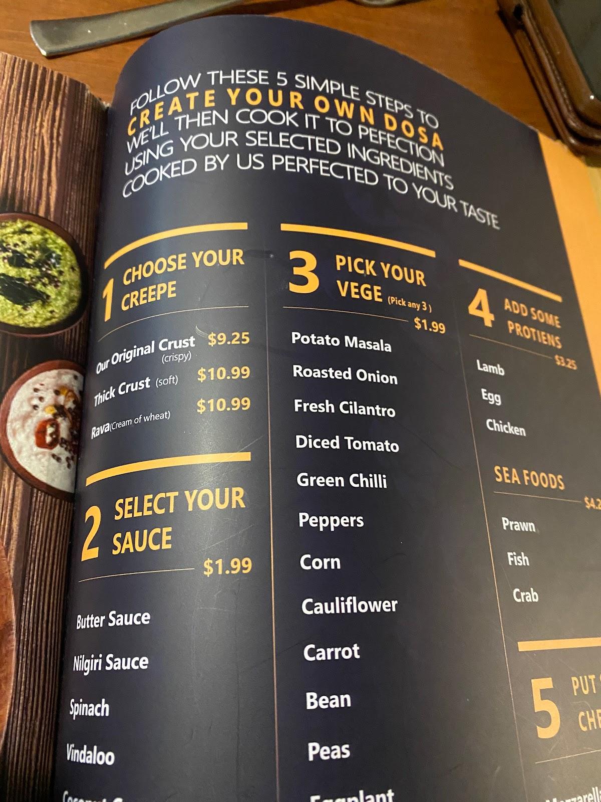 Menu at Dosa Hut restaurant, Vancouver, Fraser St