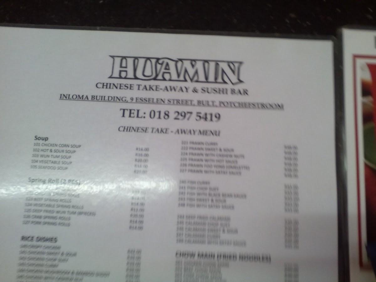Menu at Huamin restaurant, Potchefstroom