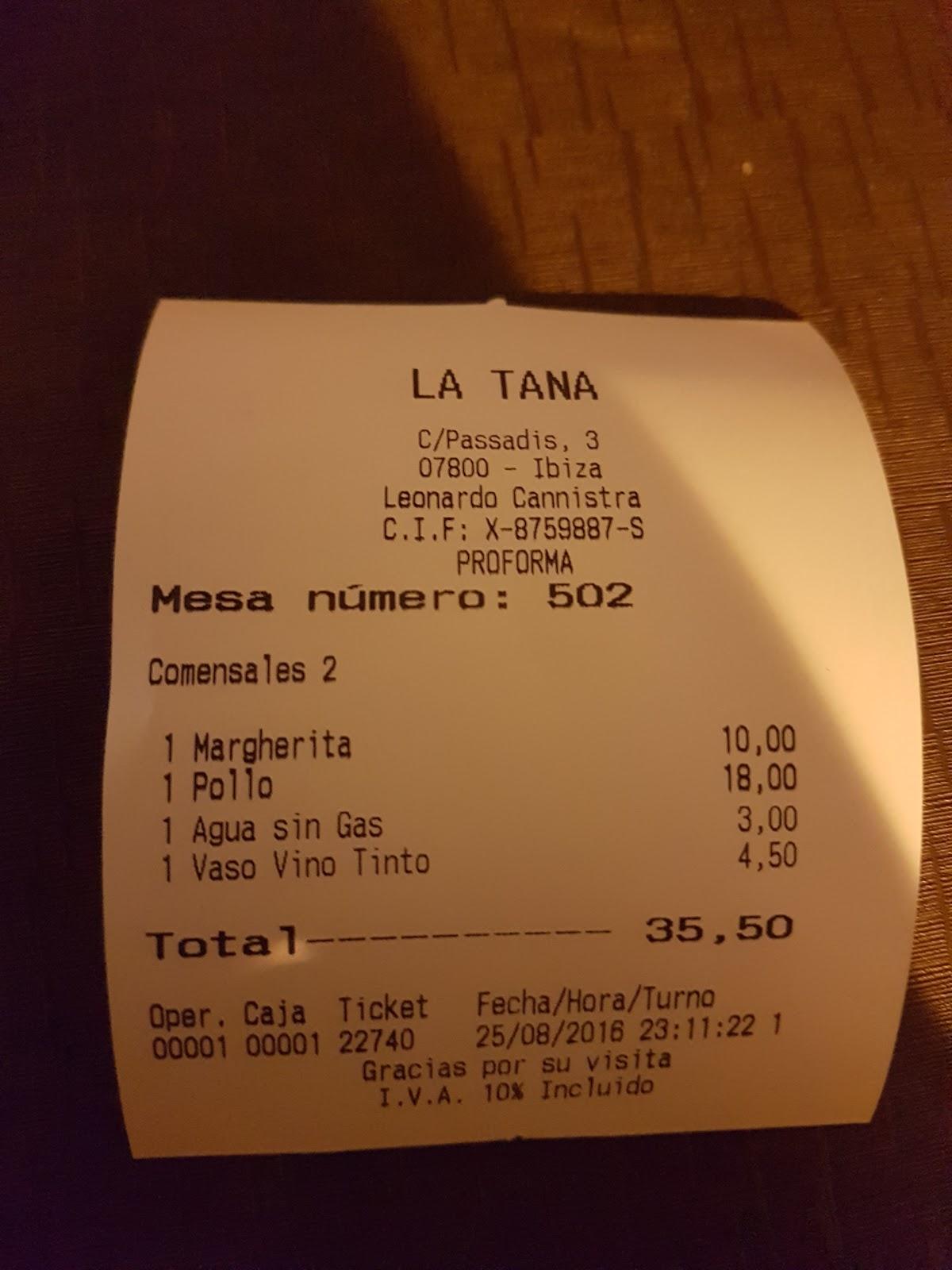 Menu at La Tana, Restaurant, Ibiza