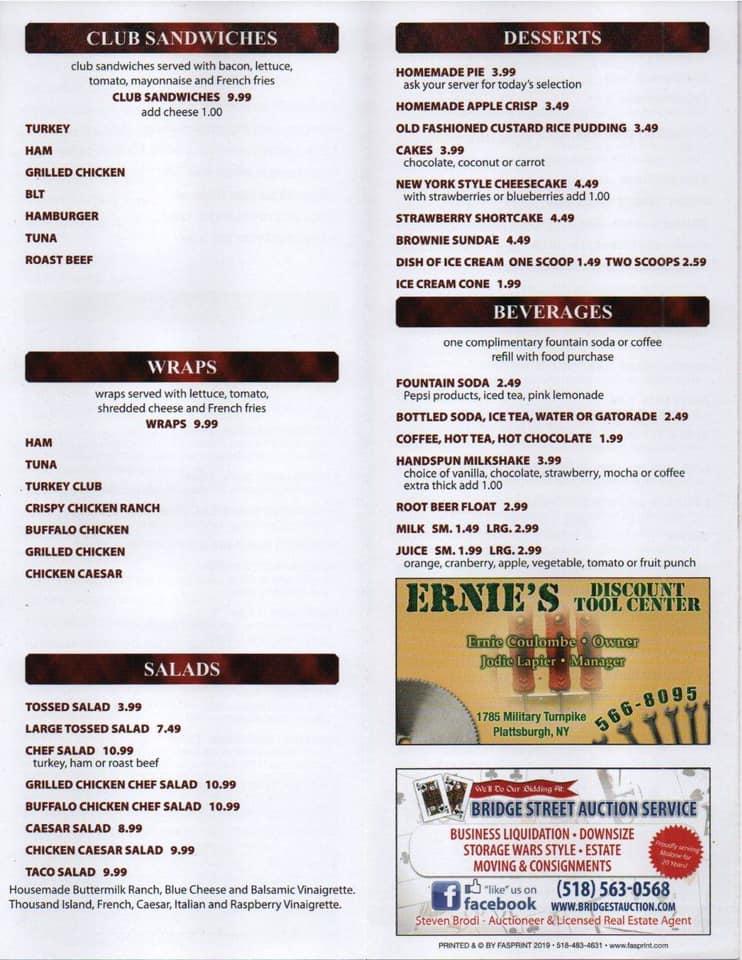 Menu at Michigans Plus restaurant, Plattsburgh
