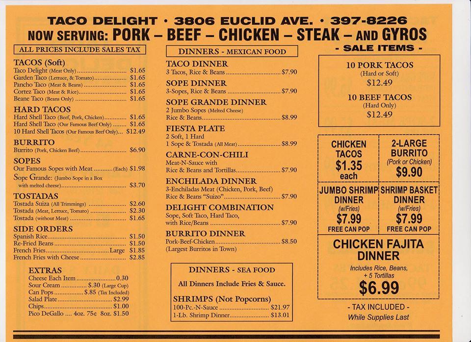 Menu at Taco Delight restaurant, East Chicago