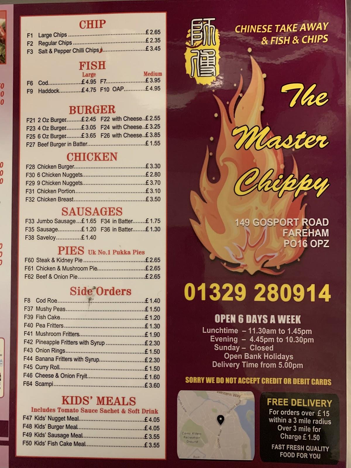 Menu at The Master Chippy Chinese take away &fish &chip fast food, Fareham