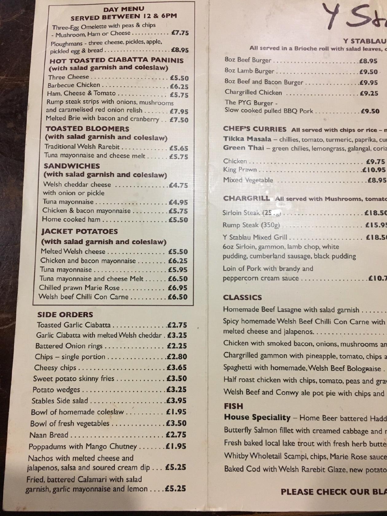 Menu at Y Stablau - Stables Bar, Betws-y-Coed