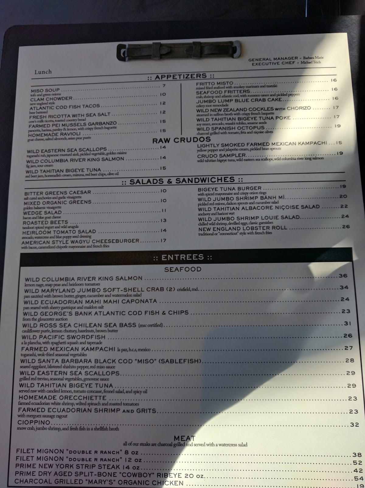 Menu at Water Grill restaurant, Santa Monica, Ocean Ave