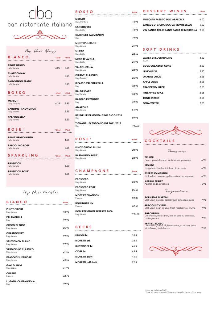 Menu at Cibo restaurant, Wilmslow
