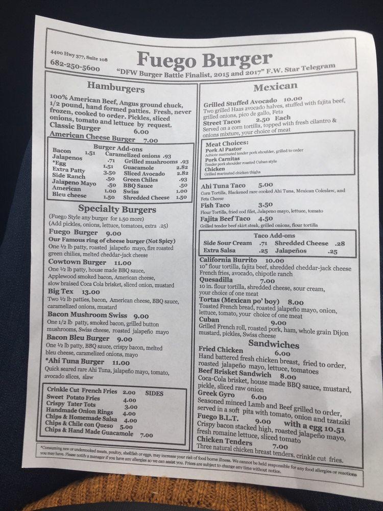 Menu at Fuego Burger restaurant, Fort Worth, Benbrook Blvd #108