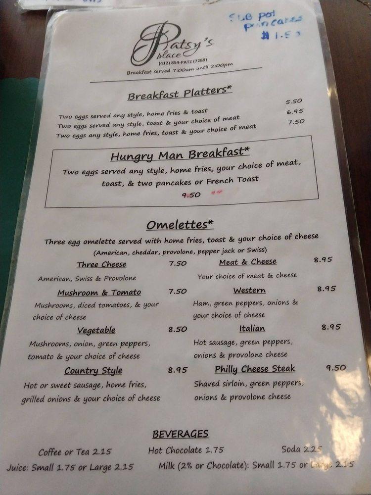 Menu at Patsy's Place restaurant, Bethel Park