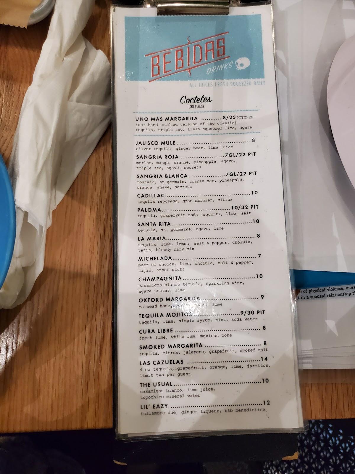 Menu at Uno Mas Tacos y Tequila pub & bar, Oxford, 206 S Lamar Ct