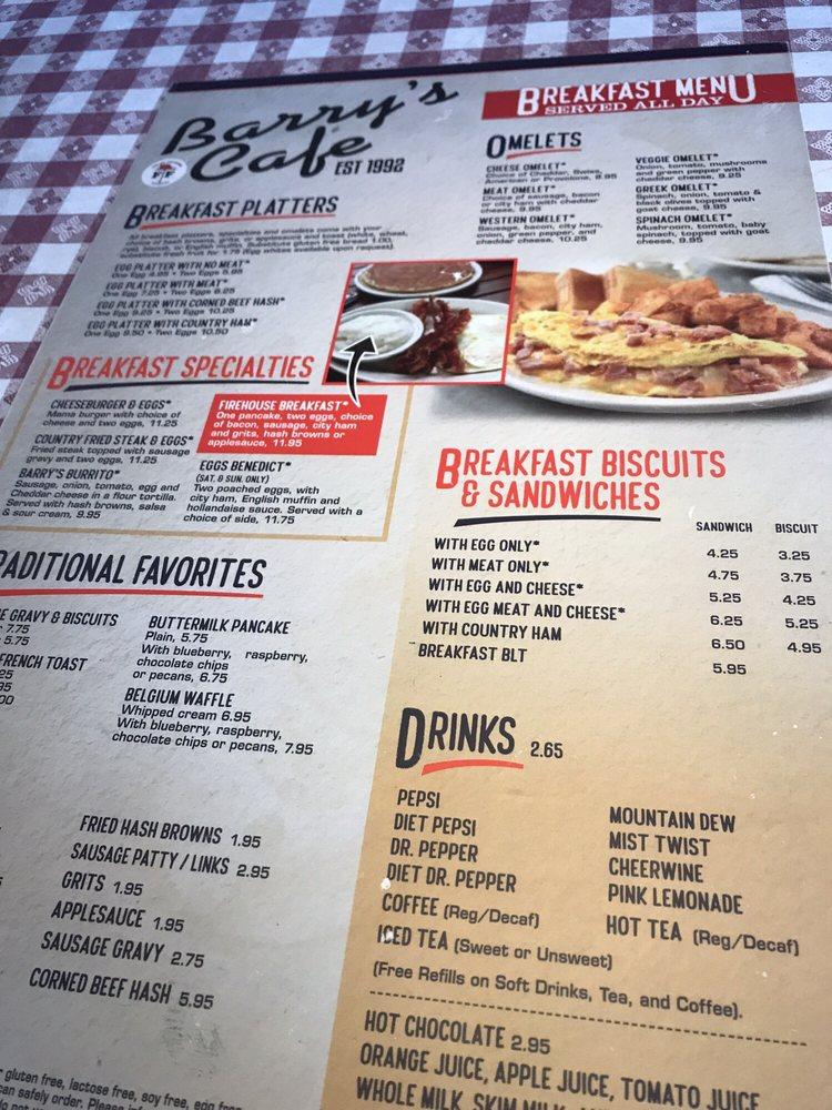 Menu at Barry's Cafe, Raleigh