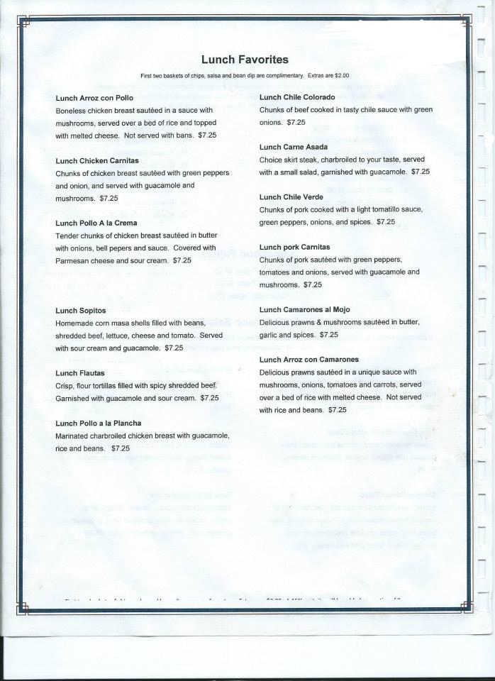 Menu at El Tesoro restaurant, Kuna