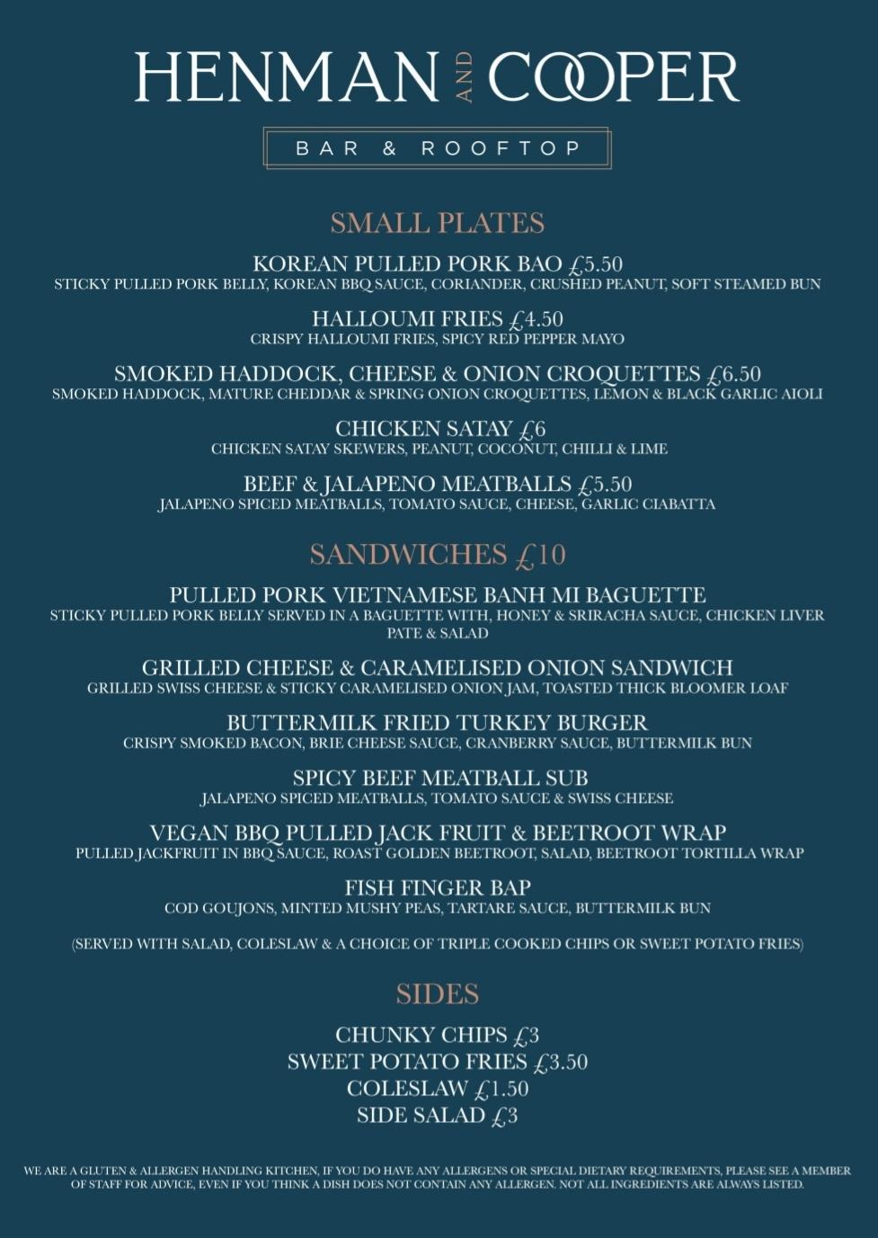 Menu at Henman & Cooper pub & bar, Birmingham