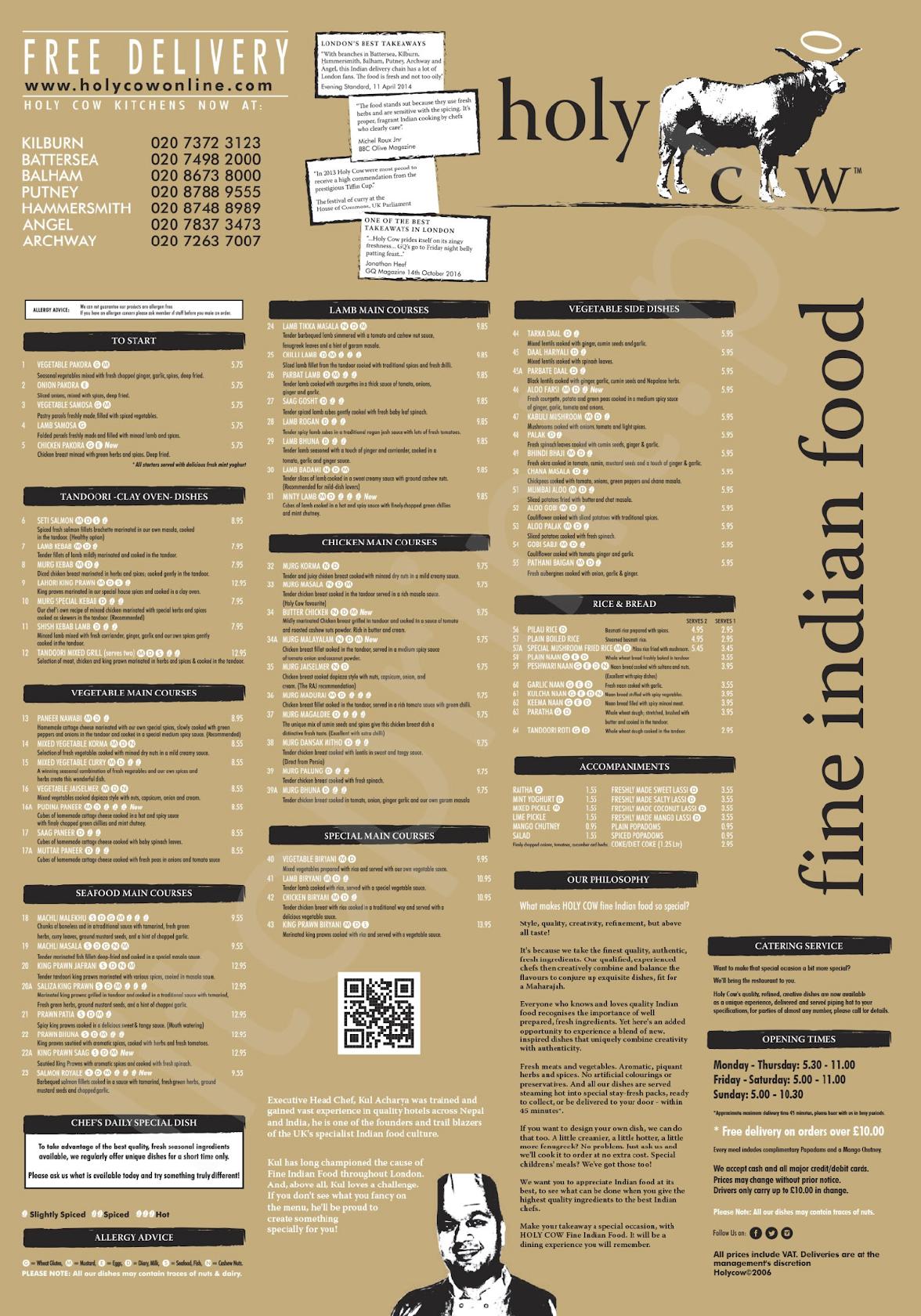 Menu at Holy Cow - Fine Indian Food - Indian Takeaway in Balham, London ...