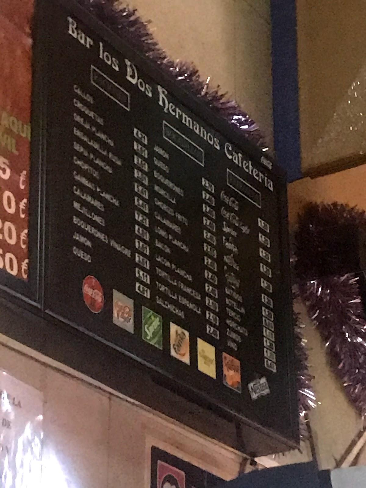 Menu at Los dos hermanos pub & bar, Madrid