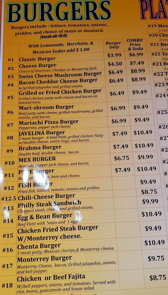 Menu at Mariachis Burger House restaurant, Kingsville