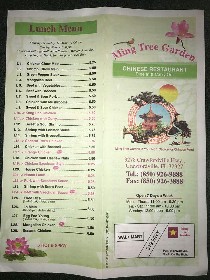 Menu at New ming tree restaurant, Crawfordville