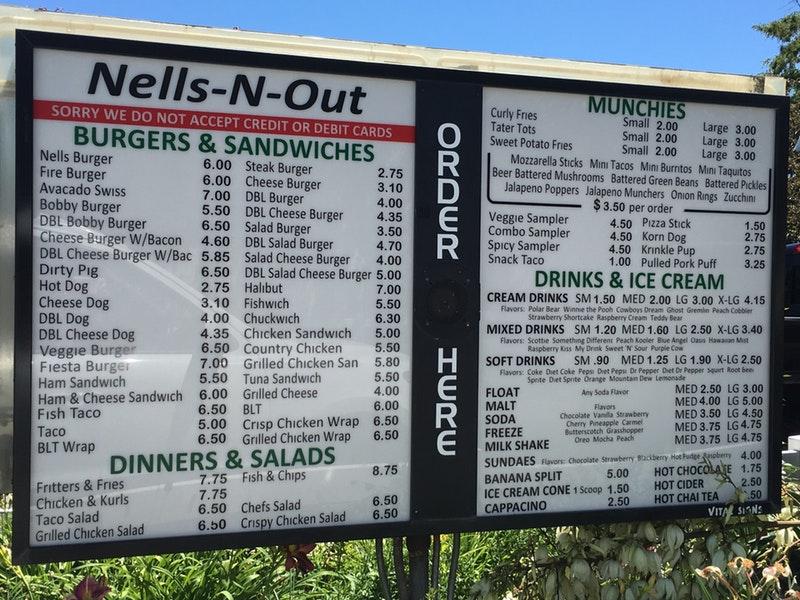 Menu at Nells-N-Out fast food, La Grande