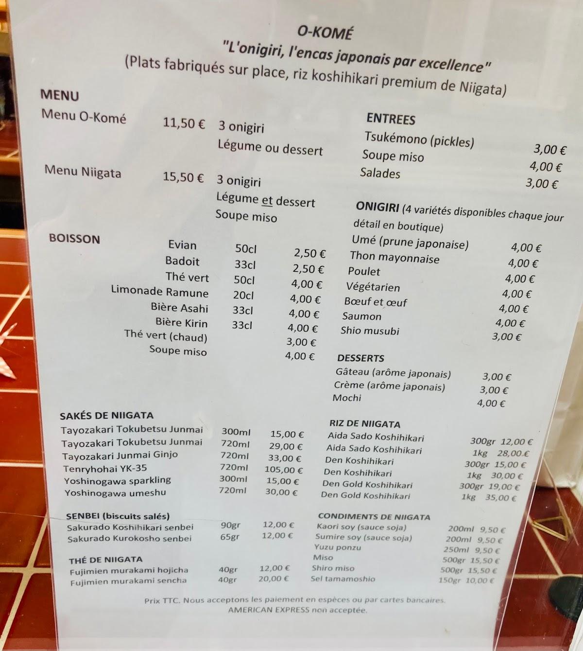 Menu at O-Komé onigiri - Epicerie Japonaise restaurant, Paris