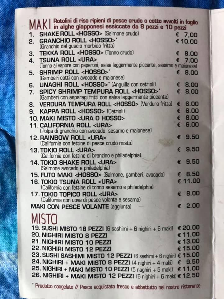 Menu da Tokio ristorante, Udine