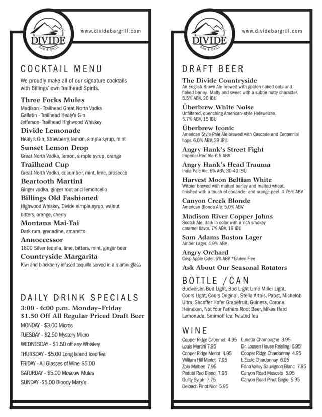 Menu at The Divide Bar & Grill, Billings