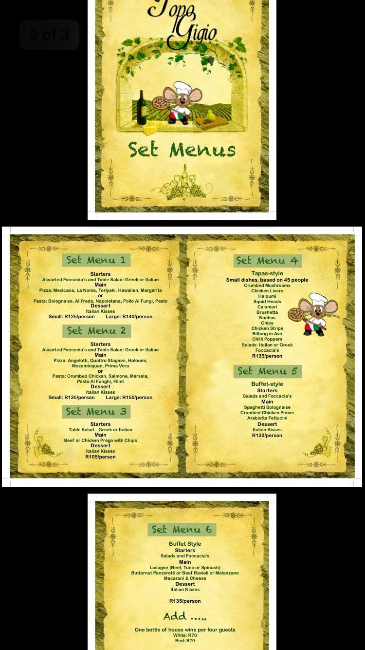 Menu at Topo Gigio restaurant, Johannesburg