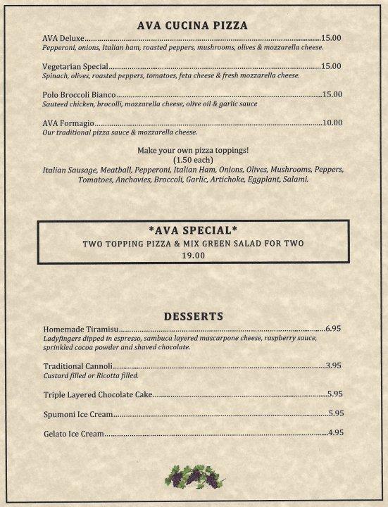 Menu at Ava Cucina restaurant, Cohasset