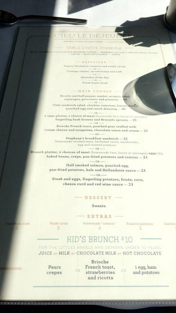 Menu au Ciel! Bistro Bar Tournant, Québec