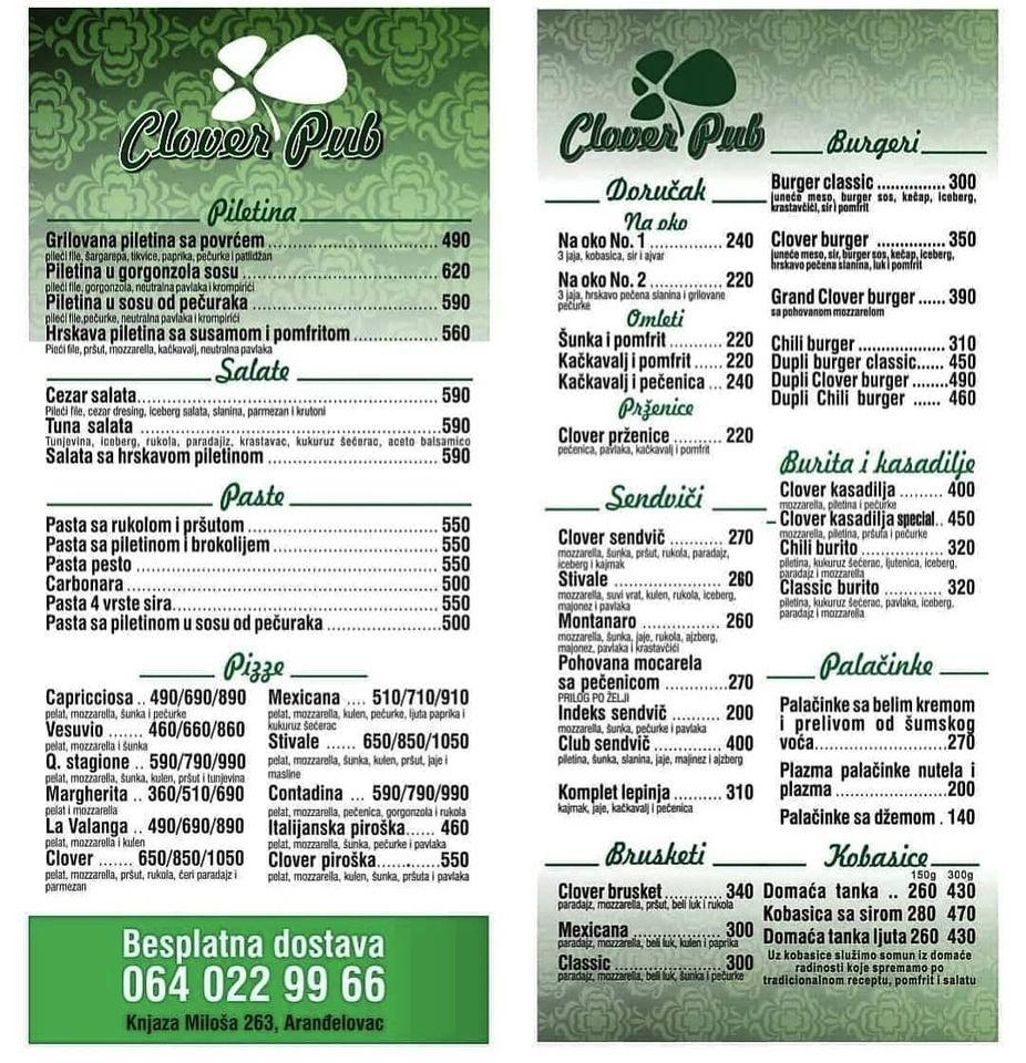 Menu at Clover restaurant, Serbia