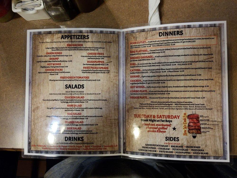 Menu at Fat Boys BBQ, Caddo Valley