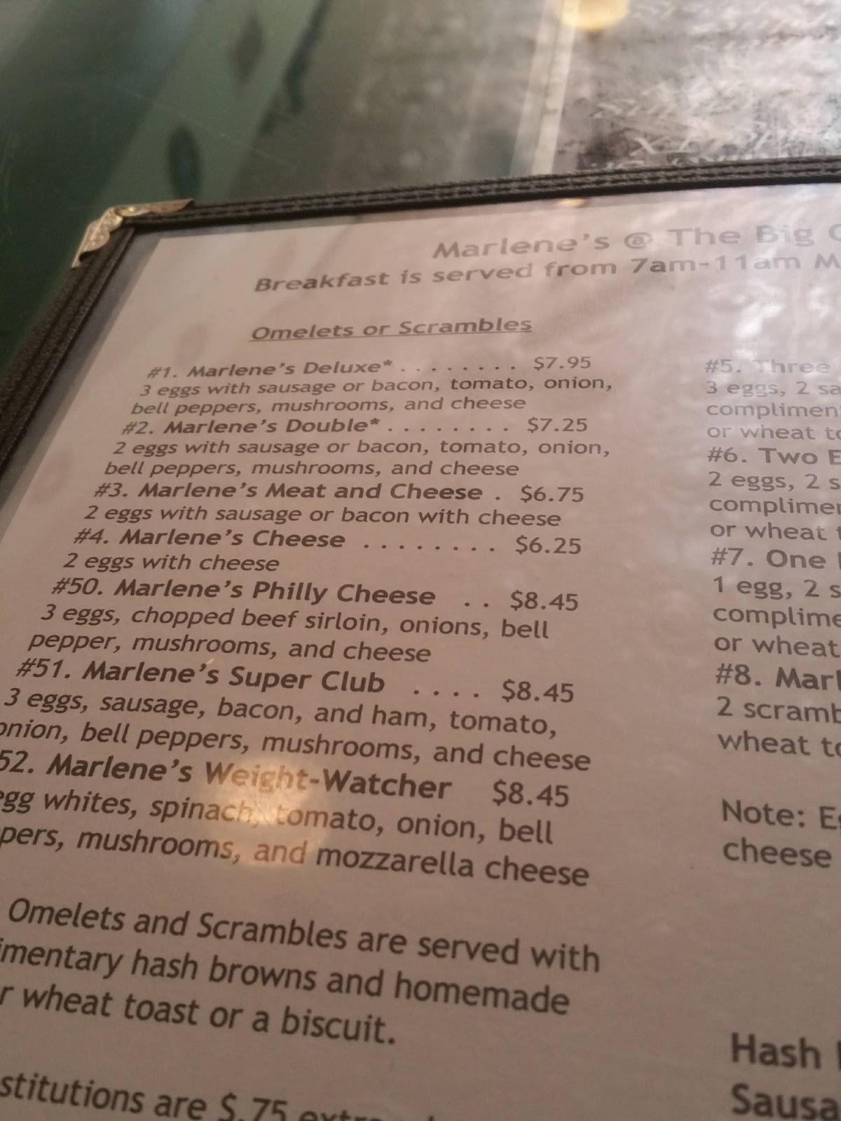 Menu at Marlene's the Big Chill restaurant, Graham
