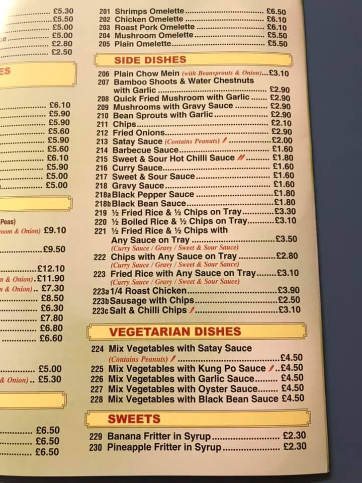 Menu at New Dragon City, Tutbury