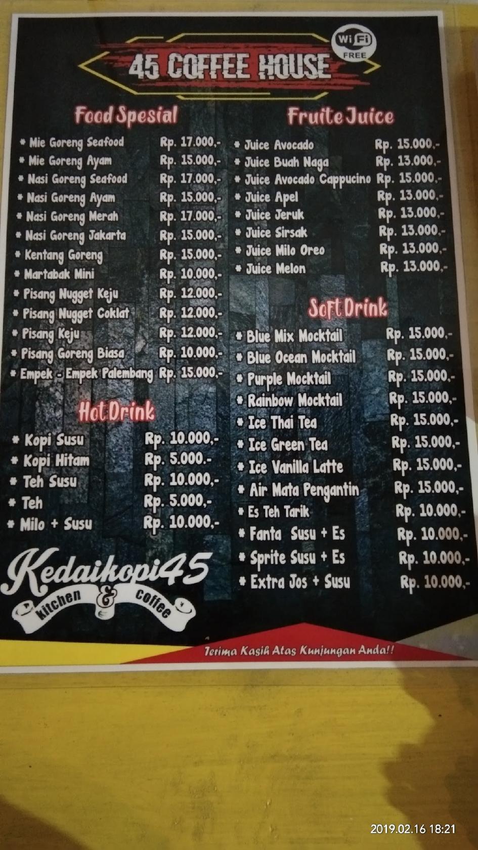 Menu at 45 COFFEE HOUSE, Teddaopu