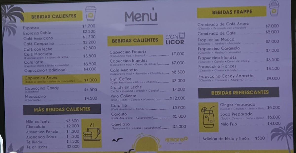 Carta del café Amore Coffee Market, Acacias